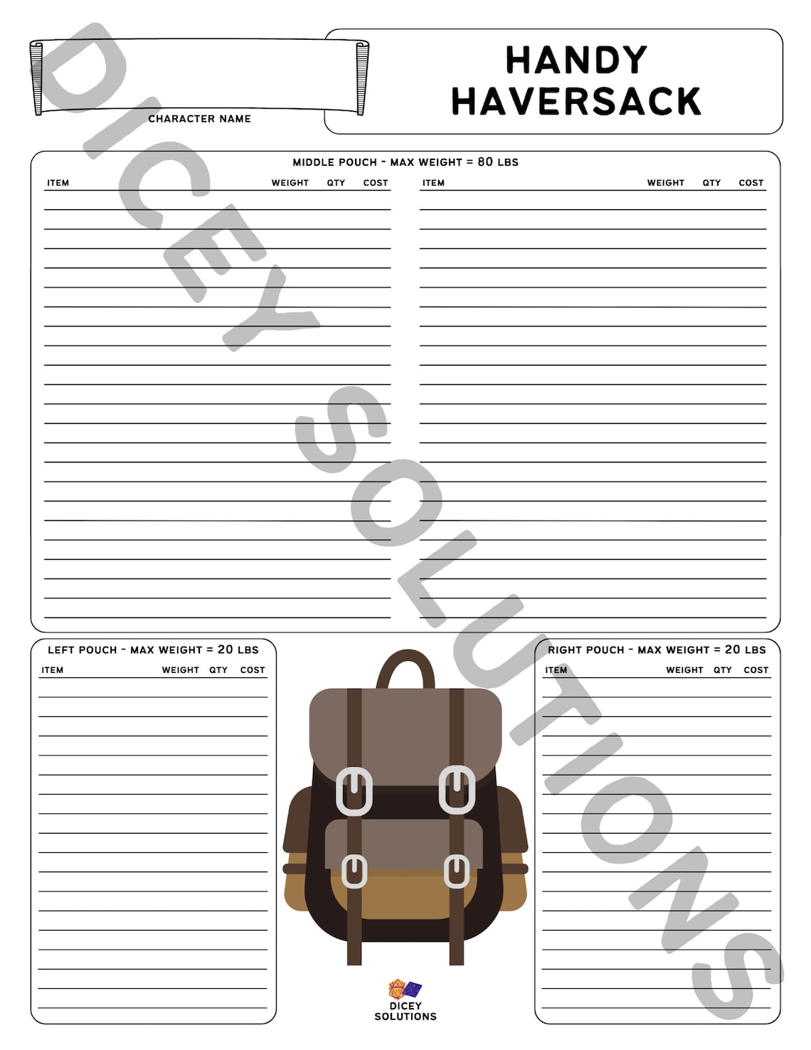 Dnd 5e Inventory Sheets: Inventory Tracker, Handy Haversack, Bag of ...