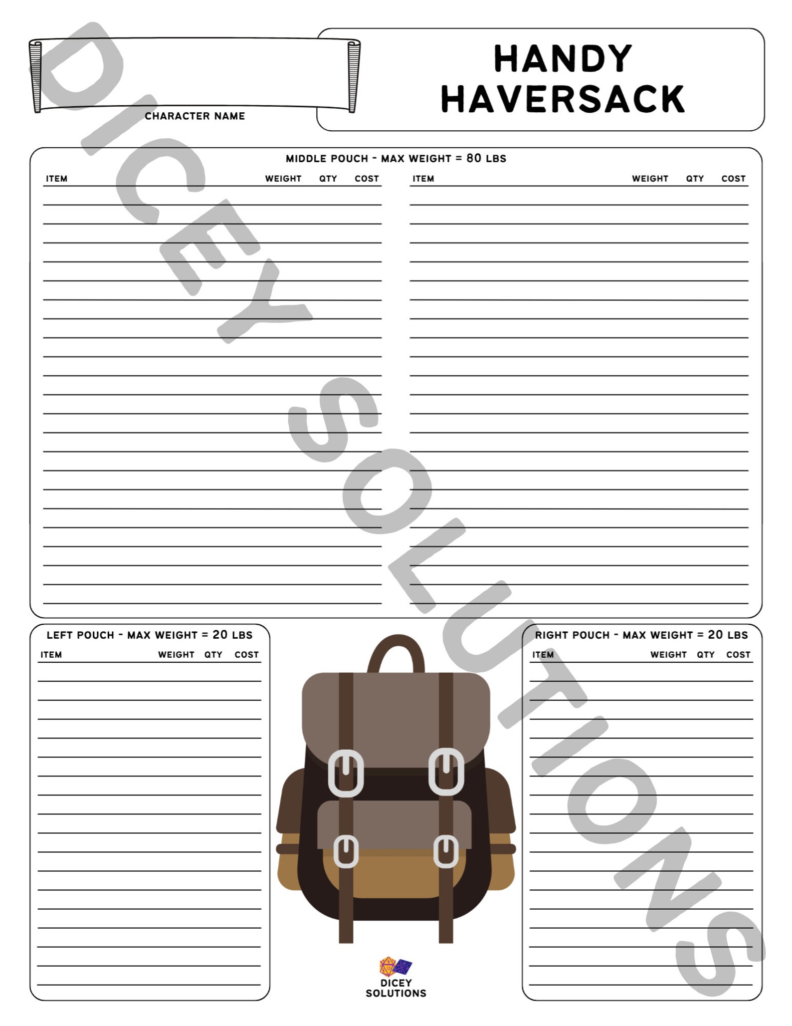 Hojas De Inventario De Dnd 5e Rastreador De Inventario Mochila Práctica Bolsa De 