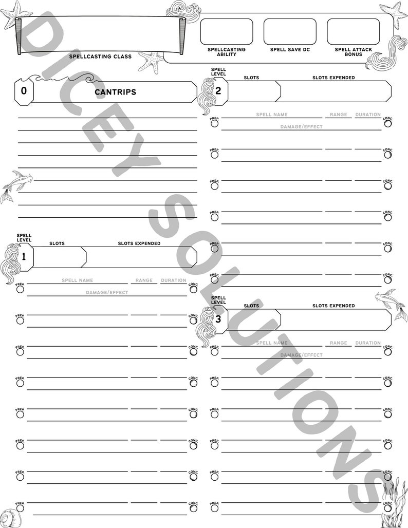 Dnd 5e Character Sheet and Spell Sheets Water Theme Printable Pdfs for ...