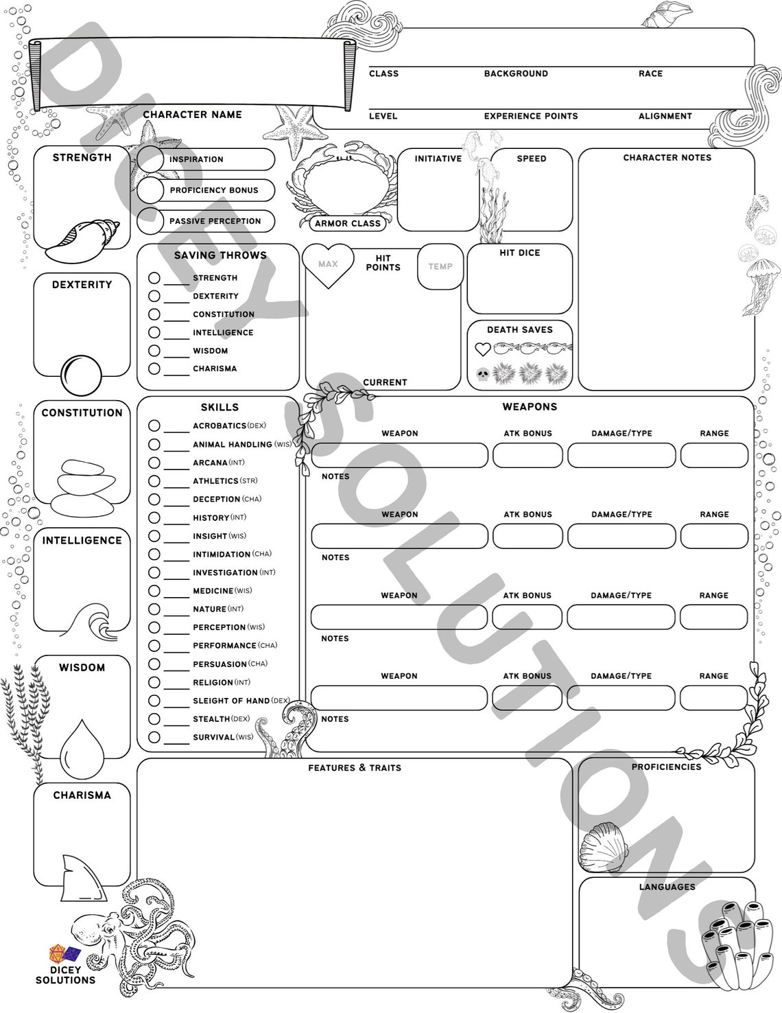 Dnd 5e Character Sheet and Spell Sheets Water Theme Printable Pdfs for ...