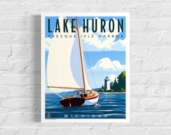 Lake Huron Fort Gratiot Lighthouse | Vintage Travel Poster- Great Lakes ...