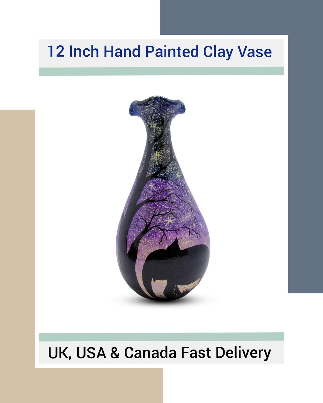 Hand Paint 12 Inch CLAY VASE Natural Look Elephant & Three Design ...