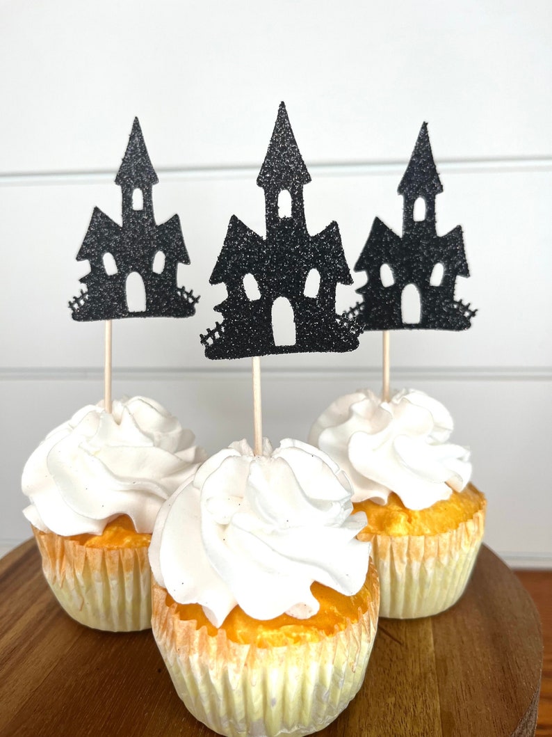 Haunted House Cupcake Toppers – Halloween Glitter Decor, Spooky Party ...
