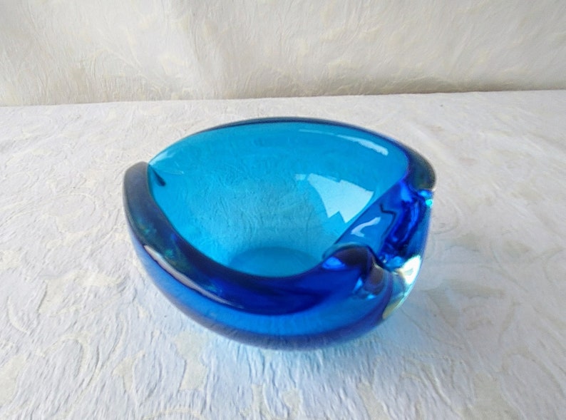 Vintage Murano Art Glass Heart Shaped Ashtraybowl Turquoise Blue Circa 1960s Made In Italy Mid
