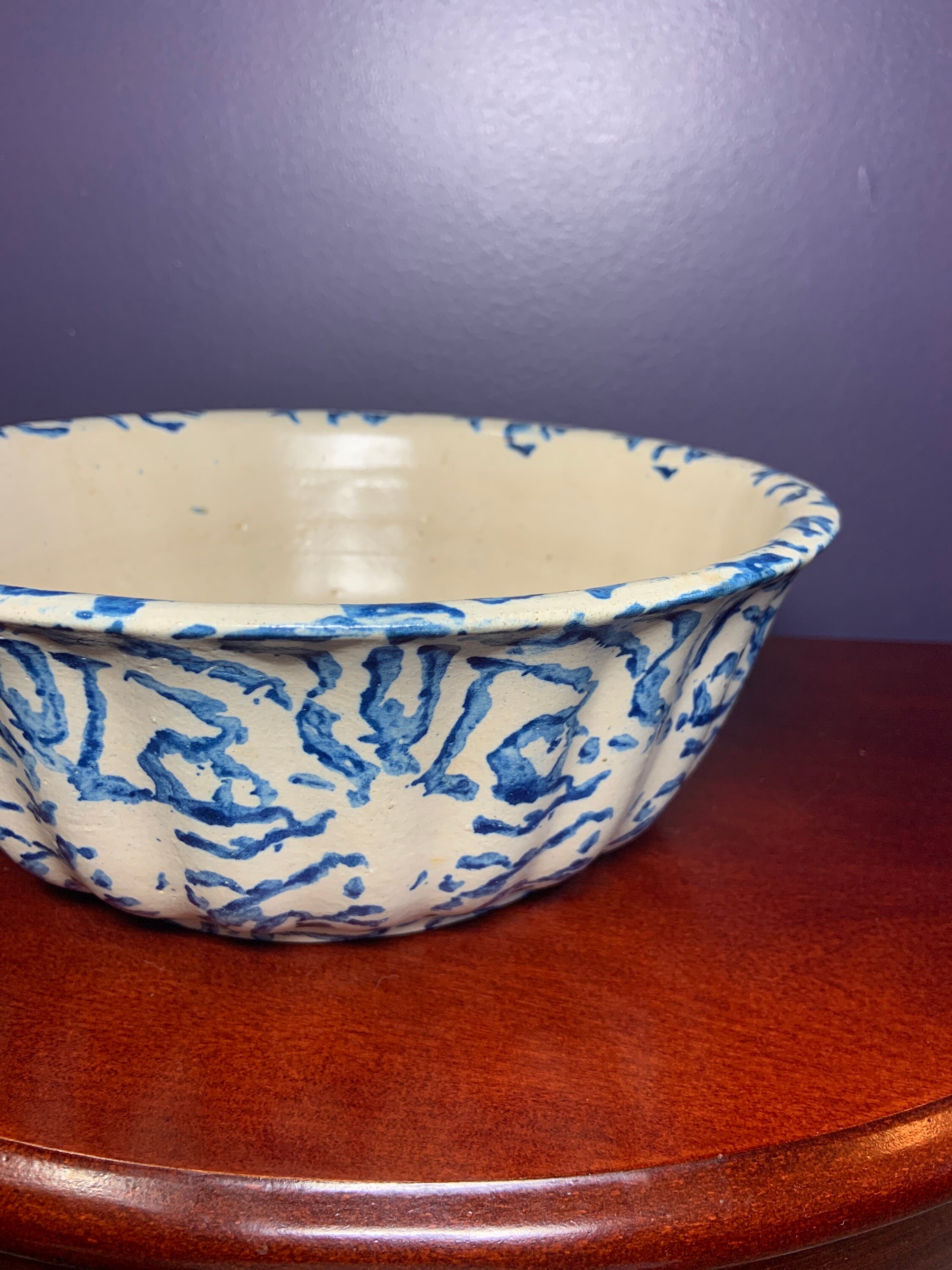 19th Century Blue Spongeware Pottery Fluted Fruit Bowl. Good Condition ...