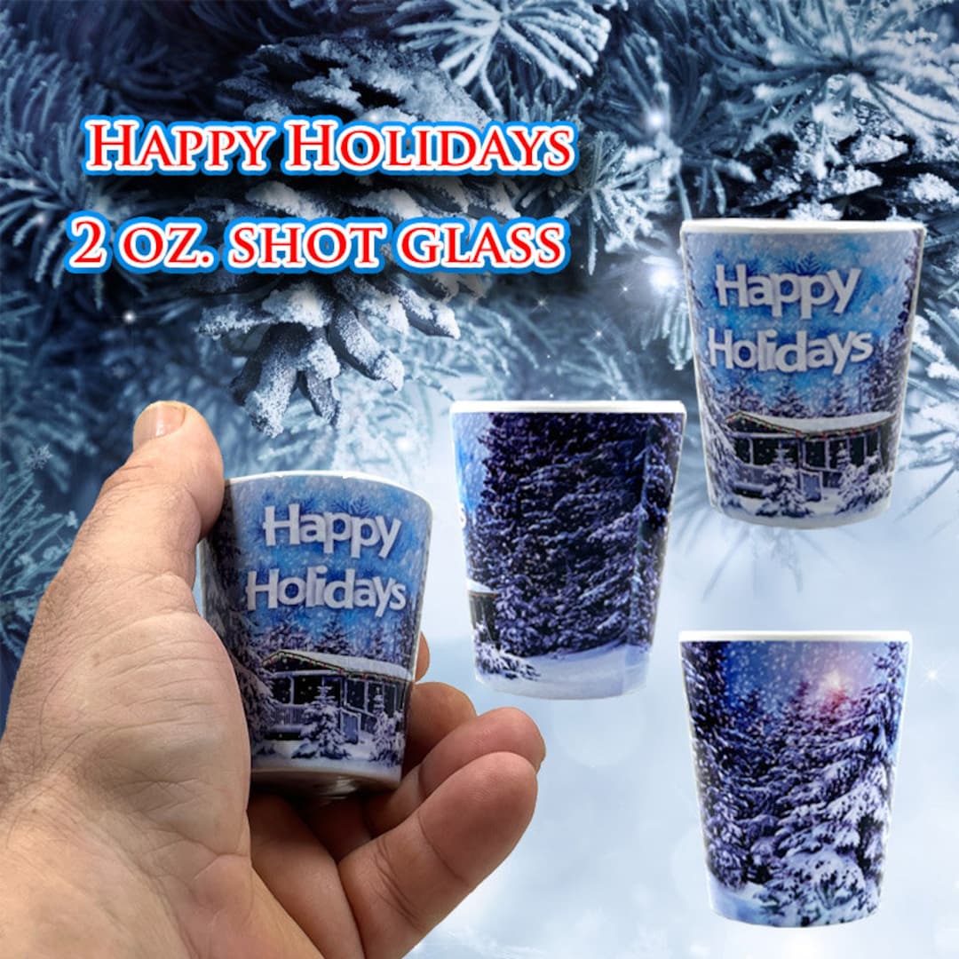 Custom Made Shot Glass, Happy Holidays, Christmas, Festive Winter Scene ...