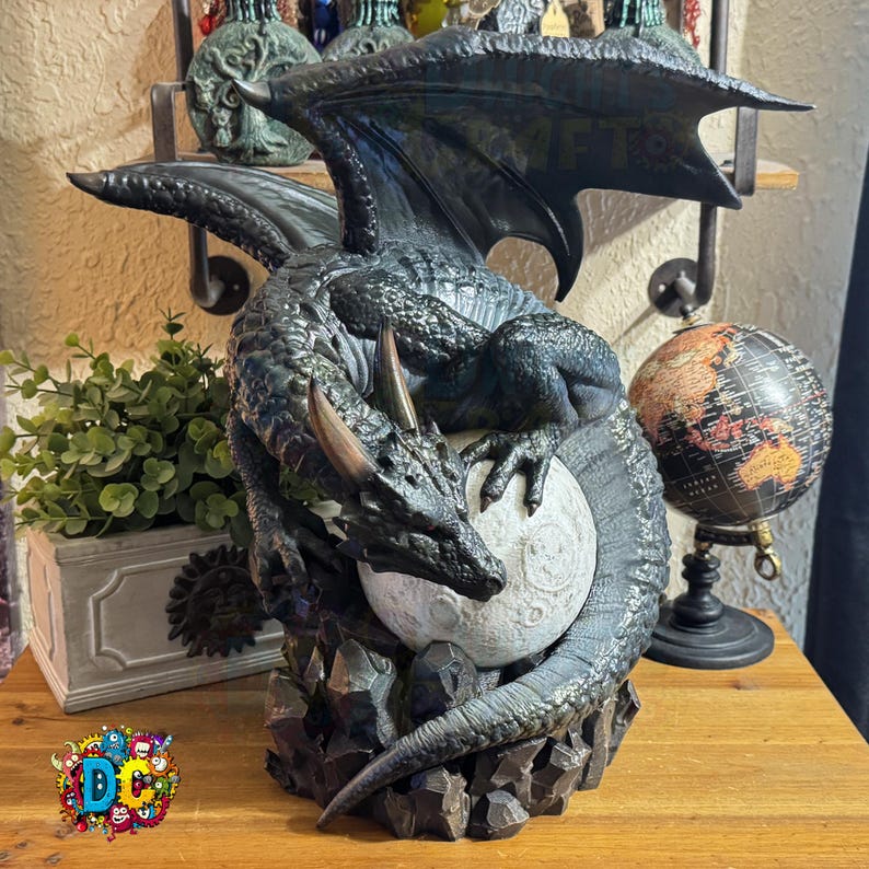 Dragon Moon Lamp – Fantasy Dragon Sculpture • Lunar Crystal Base • Hand ...