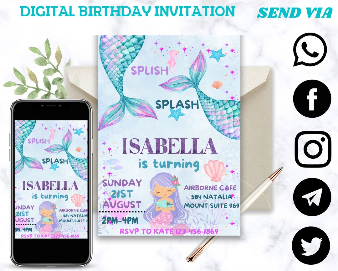 Mermaid Birthday Invitation, Digital Mermaid Invitation, Mermaid Party ...