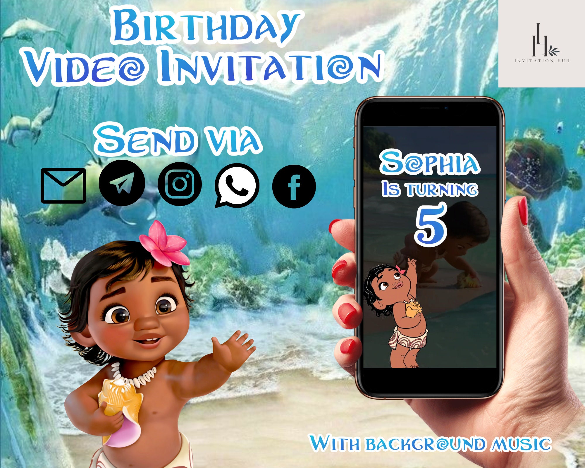 Baby Moana Birthday Invitation, Baby Moana Birthday Video Invitation ...