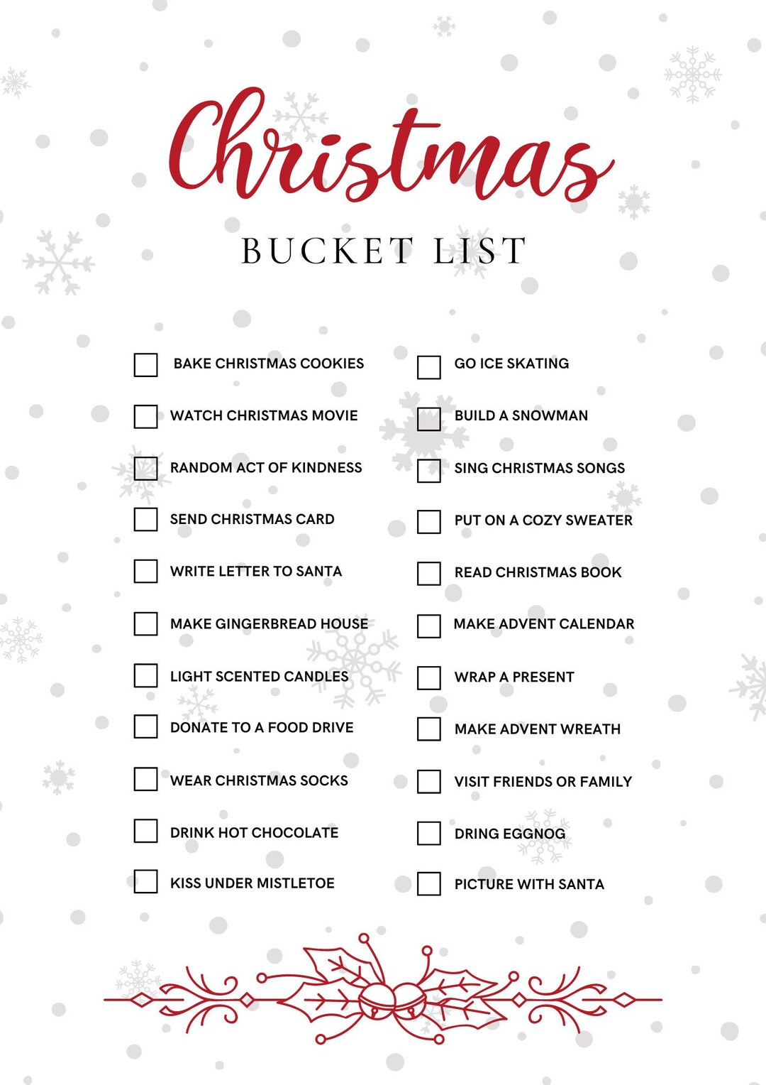 Holiday Bucket List Christmas Bucket List Printable Christmas Checklist ...