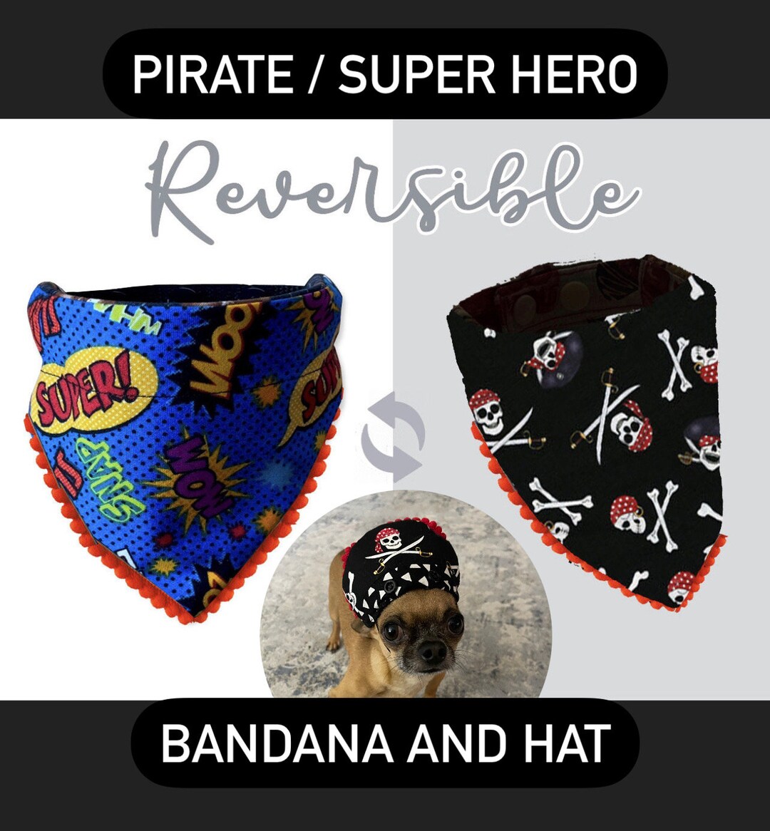 Reversible Pet Bandana: Pirate/superhero Costume With Hat & Scrunchy - Etsy