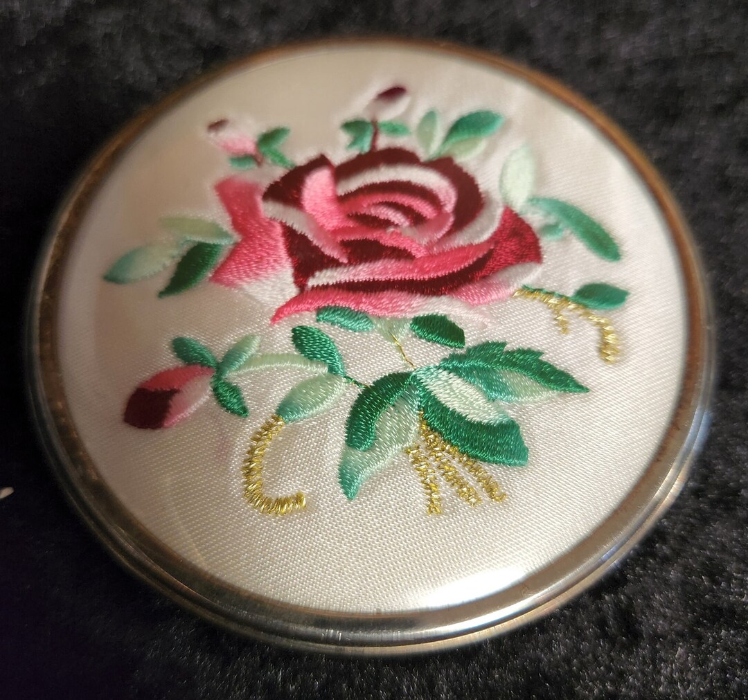 Vintage Pocket Mirror With Embroidery Back and Silver Frame - Etsy