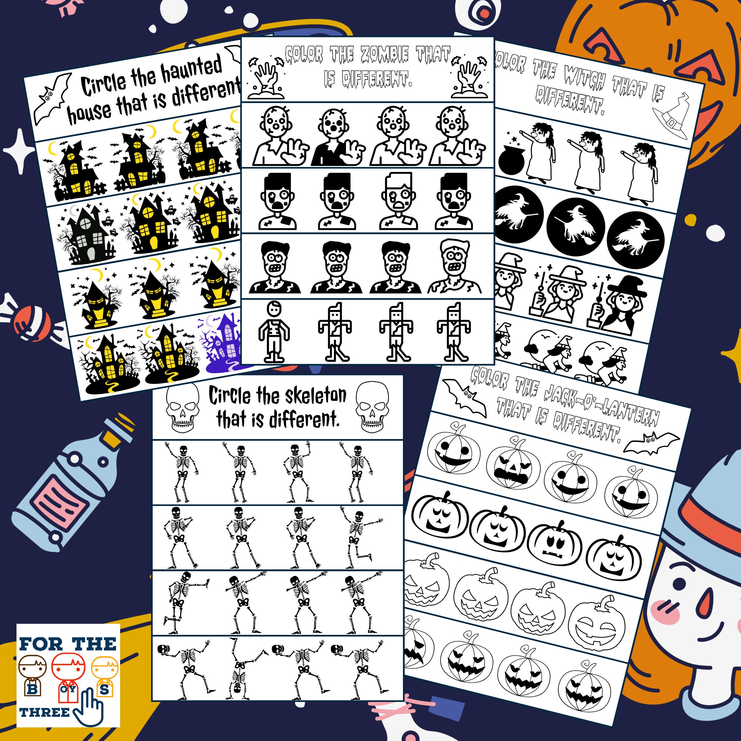 Halloween Spot the Difference Printable Worksheet Pack 4 B&w - Etsy