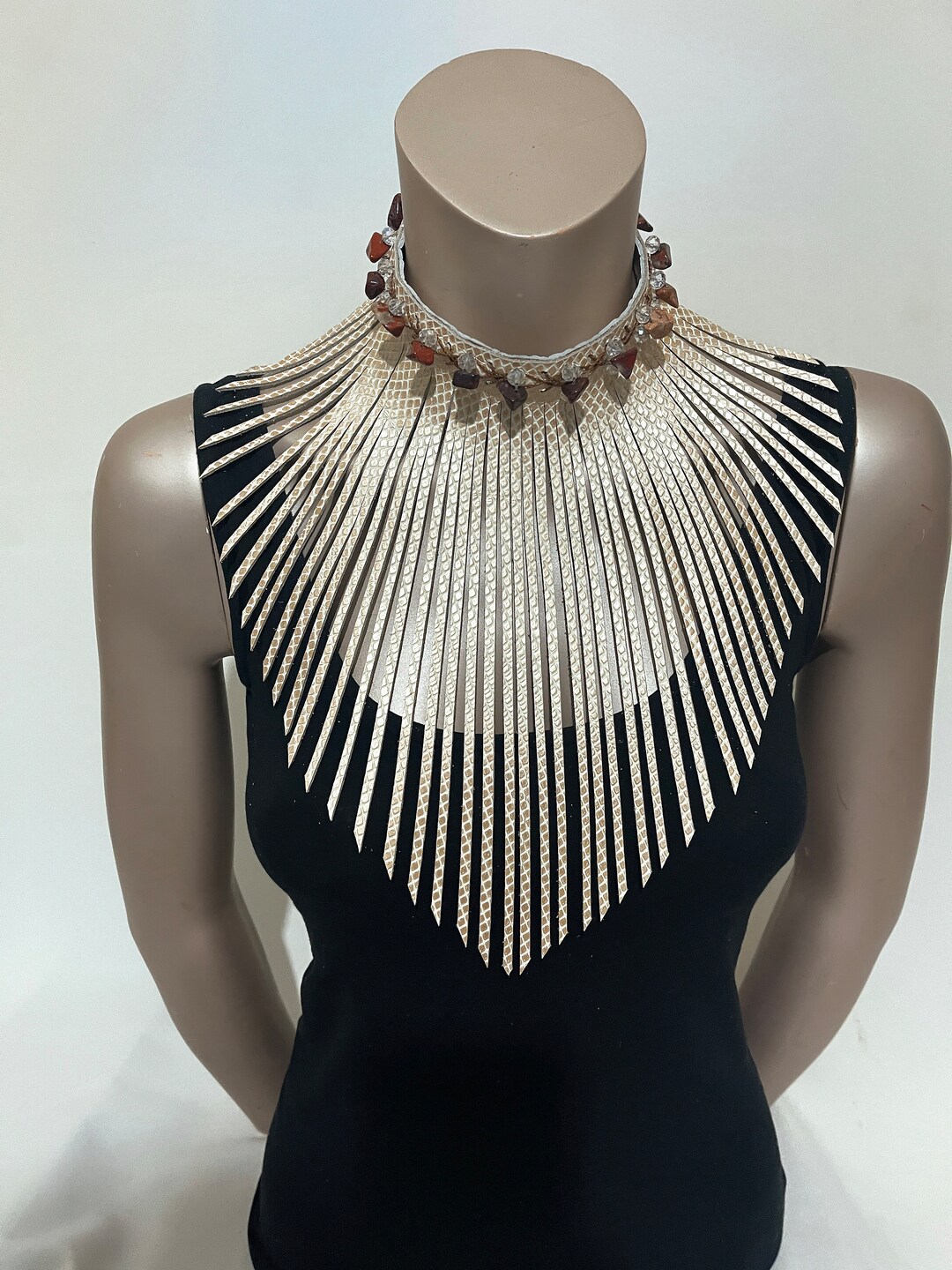 Gold and White Patterned Embossed Fringe Leather Choker Adorned With ...