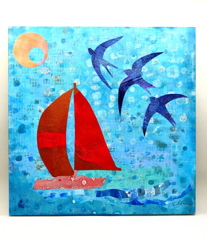 Sailboat Art Collage, Handmade Art, Acrylics, Mixed-media, 12 X 12 Wood ...