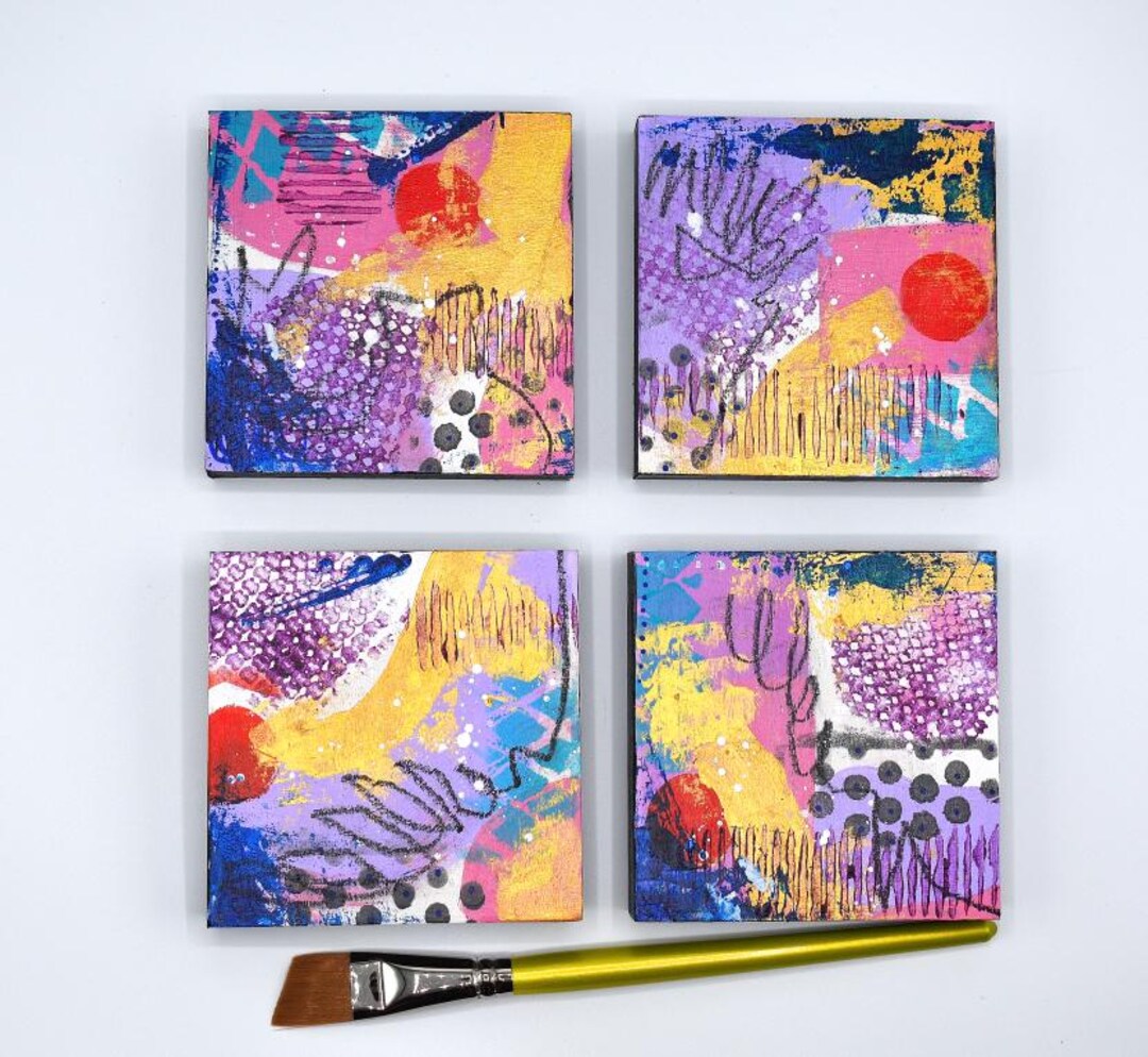 Abstract Mini Art, Set of Four, Original, Acrylics, 4 X 4 Wood Canvas ...