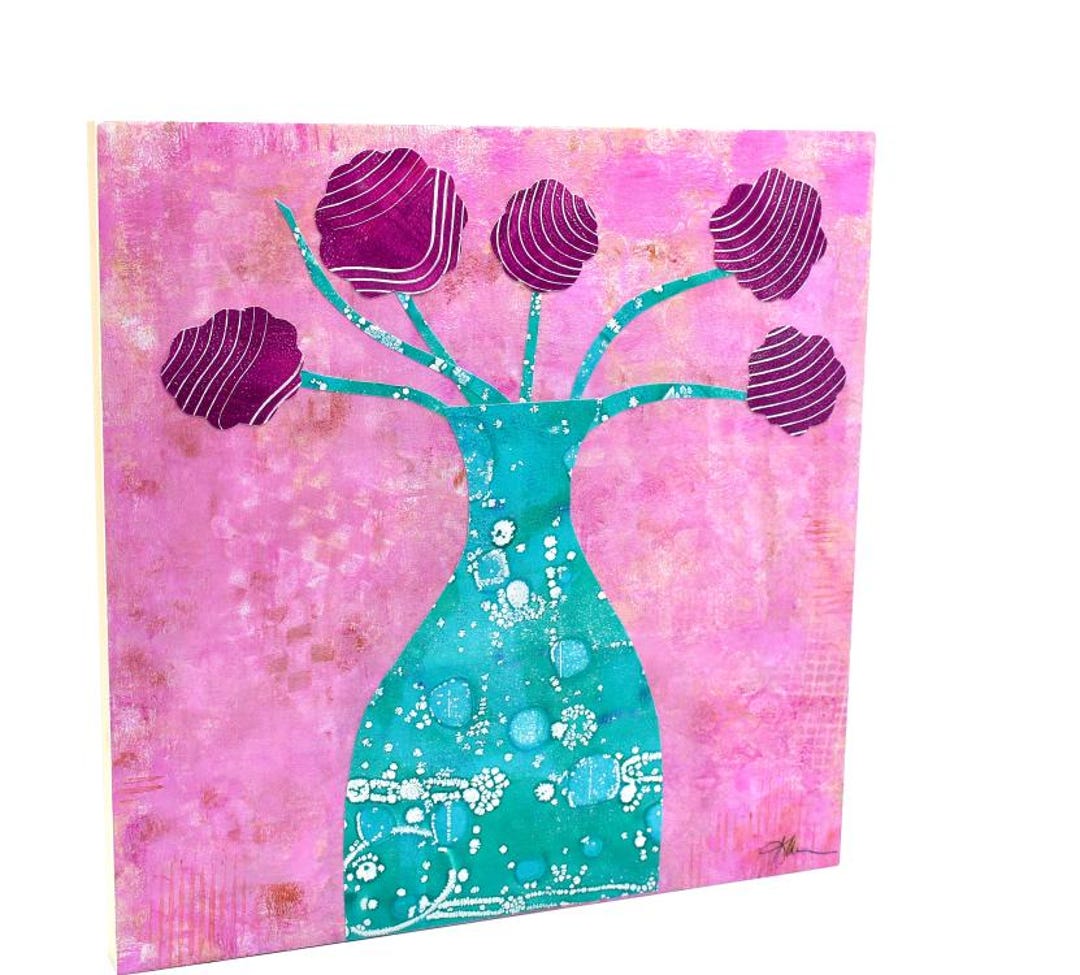Flower Vase Collage, Acrylics, Handmade, Original, 12 X 12 Wood Canvas ...