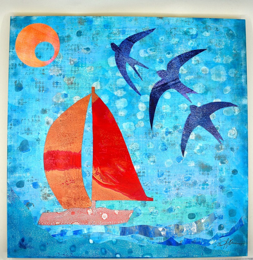 Sailboat Art Collage, Handmade Art, Acrylics, Mixed-media, 12 X 12 Wood ...
