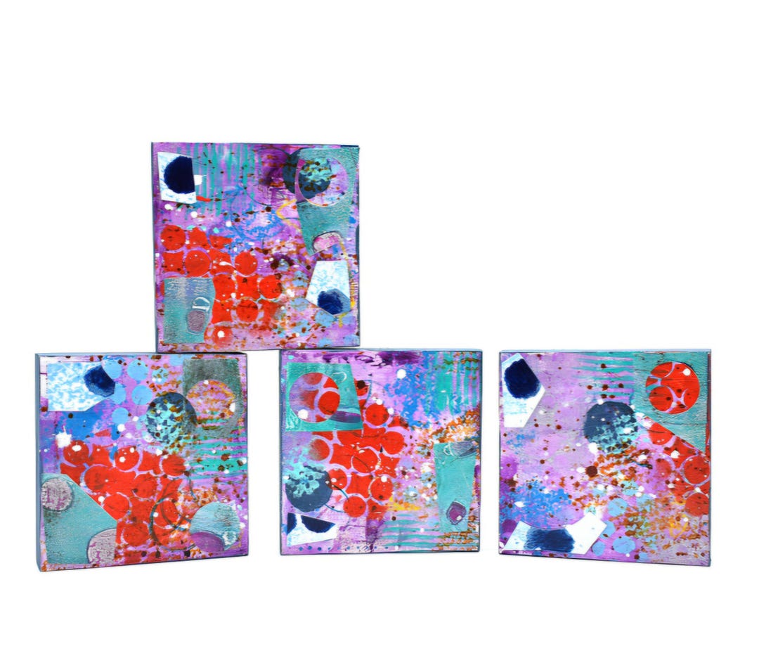 Set of Four Abstract Paintings, Acrylics, Mixed Media, 4 X 4 Cradled ...