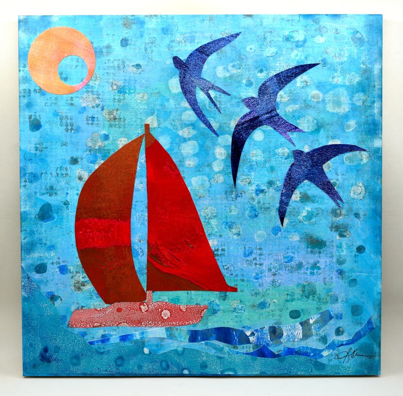 Sailboat Art Collage, Handmade Art, Acrylics, Mixed-media, 12 X 12 Wood ...