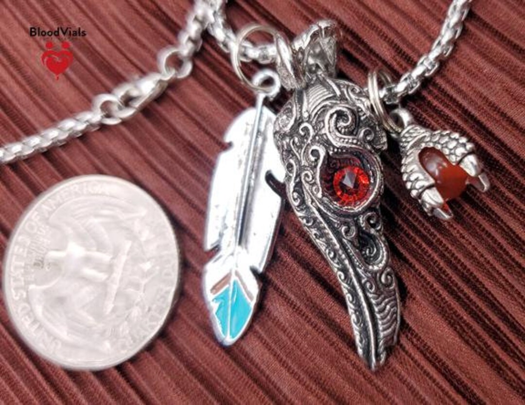 1 Birthstone Raven Claw Feather Bloodvial Pendant Kit Necklace With 23. ...