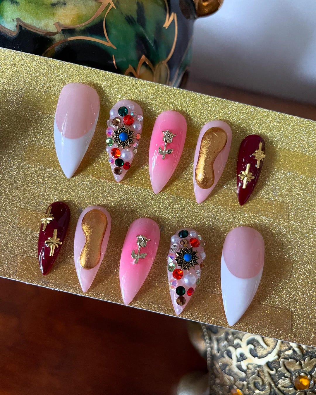 Jewel Press on Nails | Ombre | Gold Chrome | 3D Design | French Tip ...