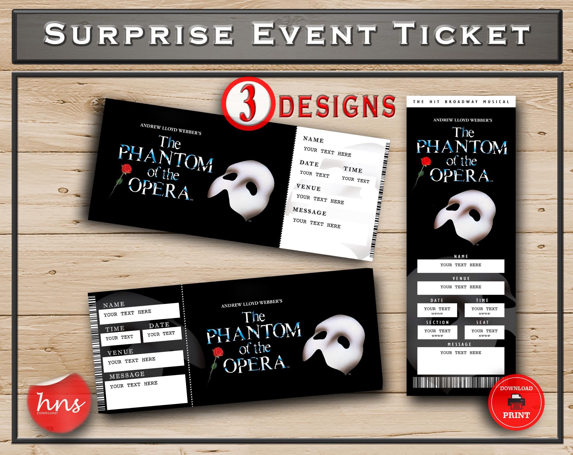 The Phantom of the Opera Printable Broadway Surprise Ticket. Editable Musical Theatre Faux Event ...