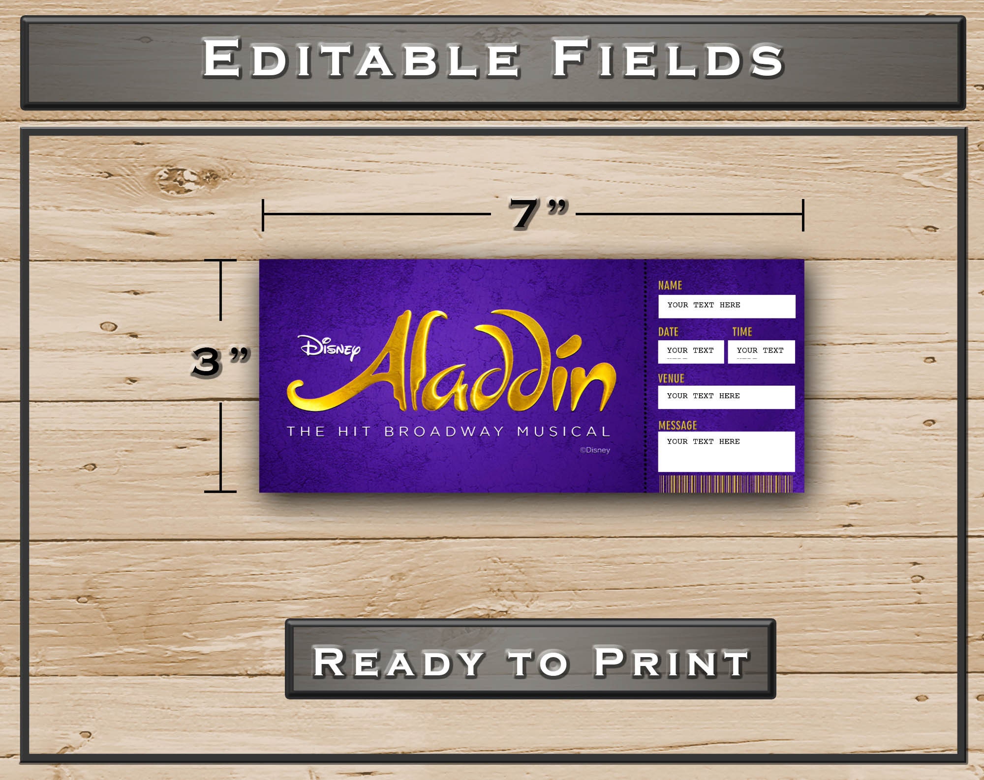 Aladdin Printable Broadway Surprise Ticket. Editable Musical Theatre ...
