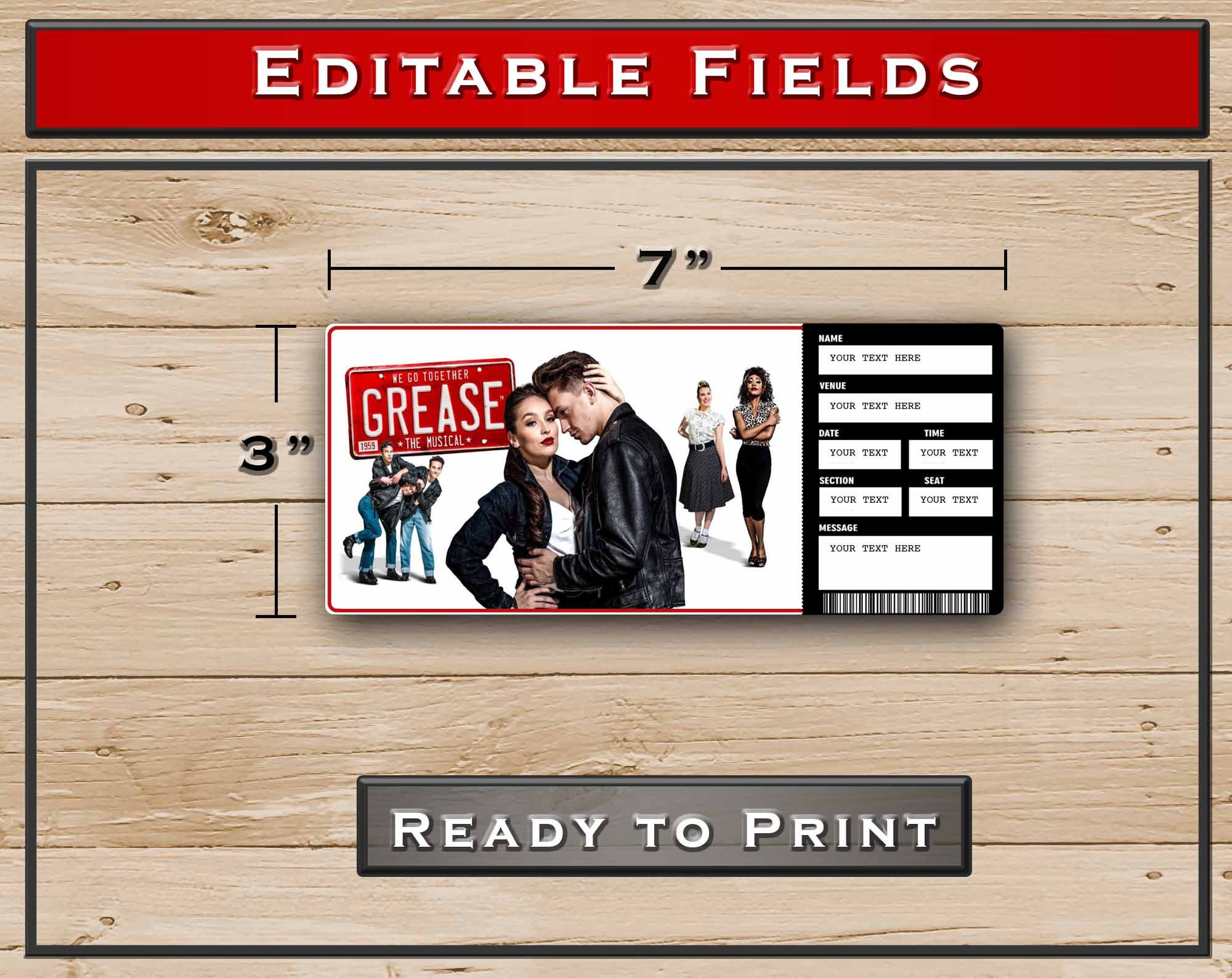 Grease Printable Broadway Surprise Ticket. Editable Musical Theatre ...