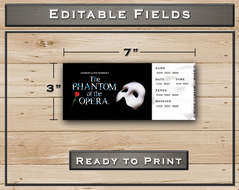 The Phantom of the Opera Printable Broadway Surprise Ticket. Editable Musical Theatre Faux Event ...