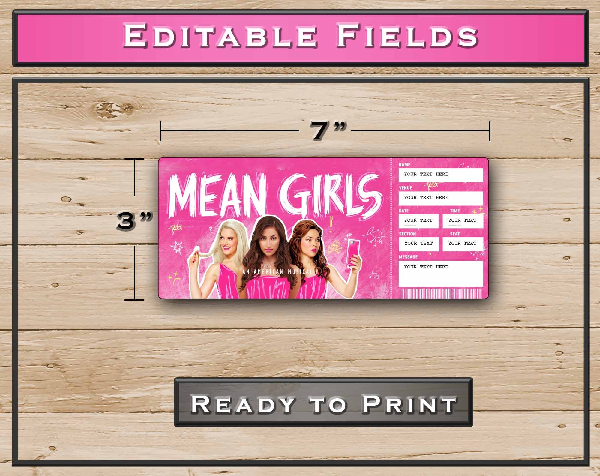 Mean Girls Printable Broadway Surprise Ticket. Editable Musical Theatre ...