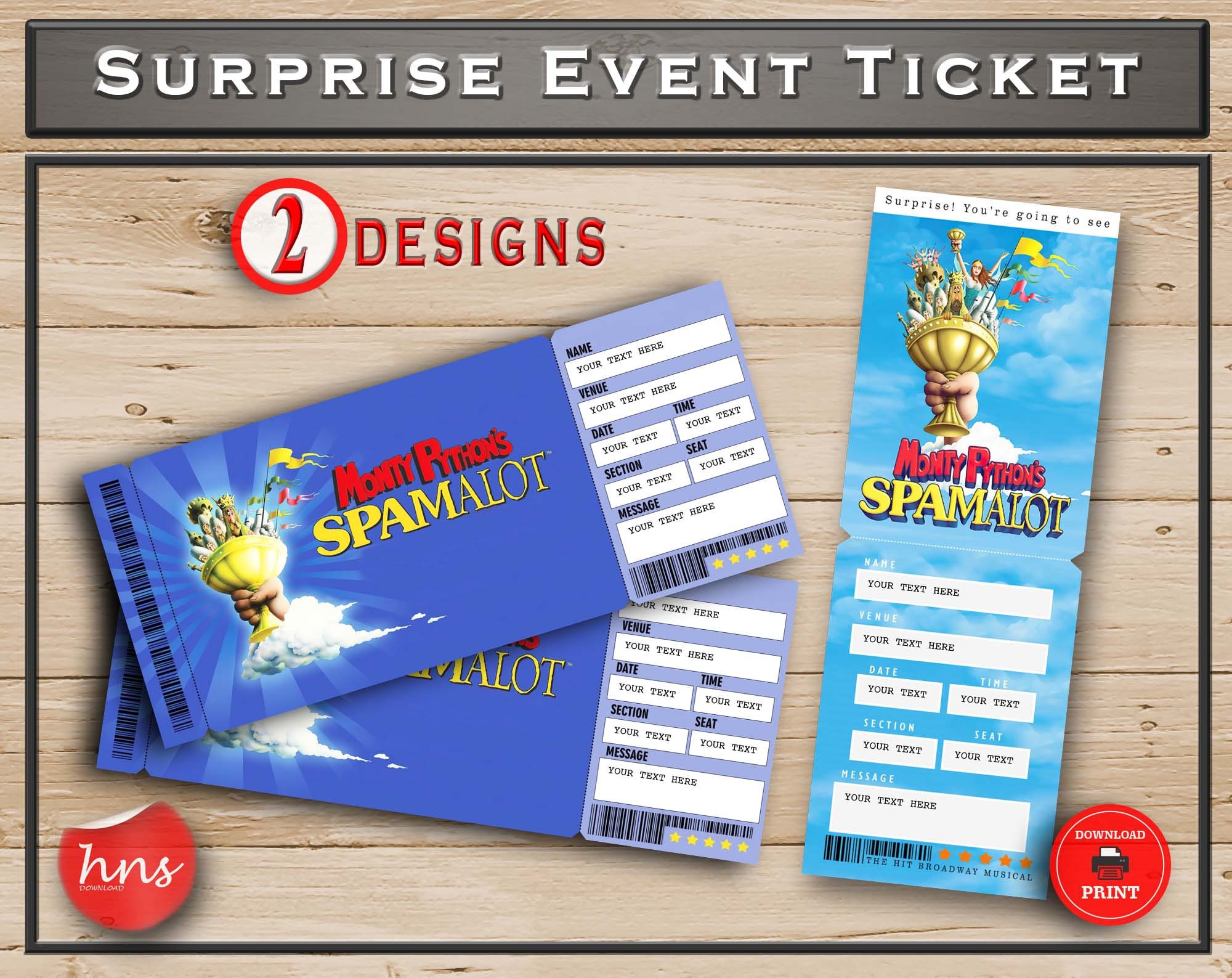 Printable Spamalot Broadway Surprise Ticket: Editable Event Souvenir ...