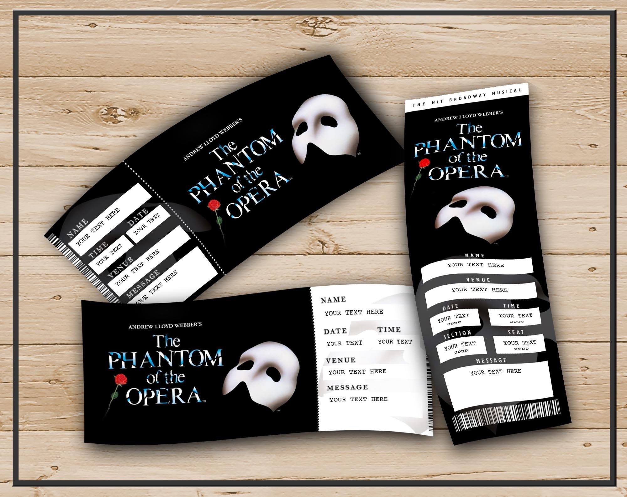 The Phantom of the Opera Printable Broadway Surprise Ticket. Editable Musical Theatre Faux Event ...