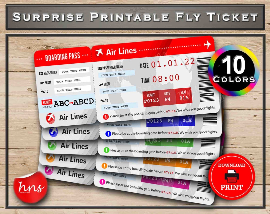 EDITABLE and PRINTABLE Surprise Airline Ticket, Boarding Ticket ...