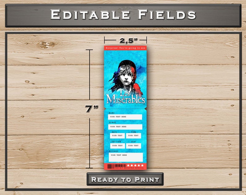 LES MISERABLES Theatre Ticket Printable Broadway Gift Ticket Editable ...