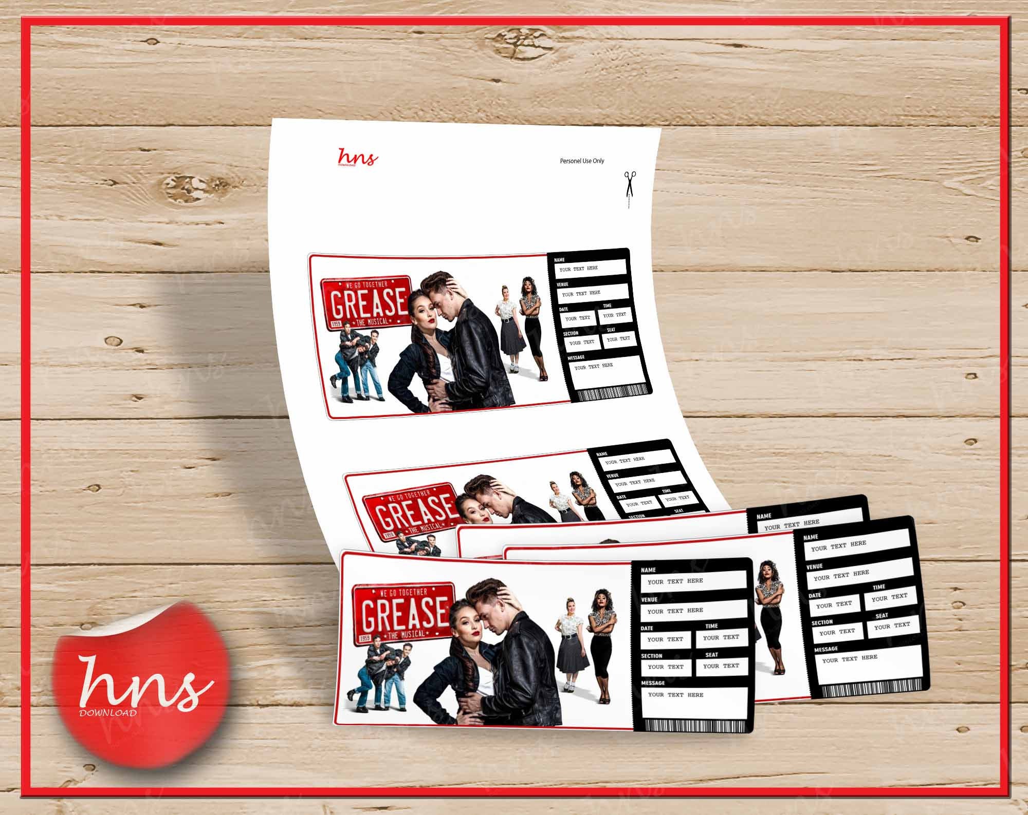 Grease Printable Broadway Surprise Ticket. Editable Musical Theatre ...