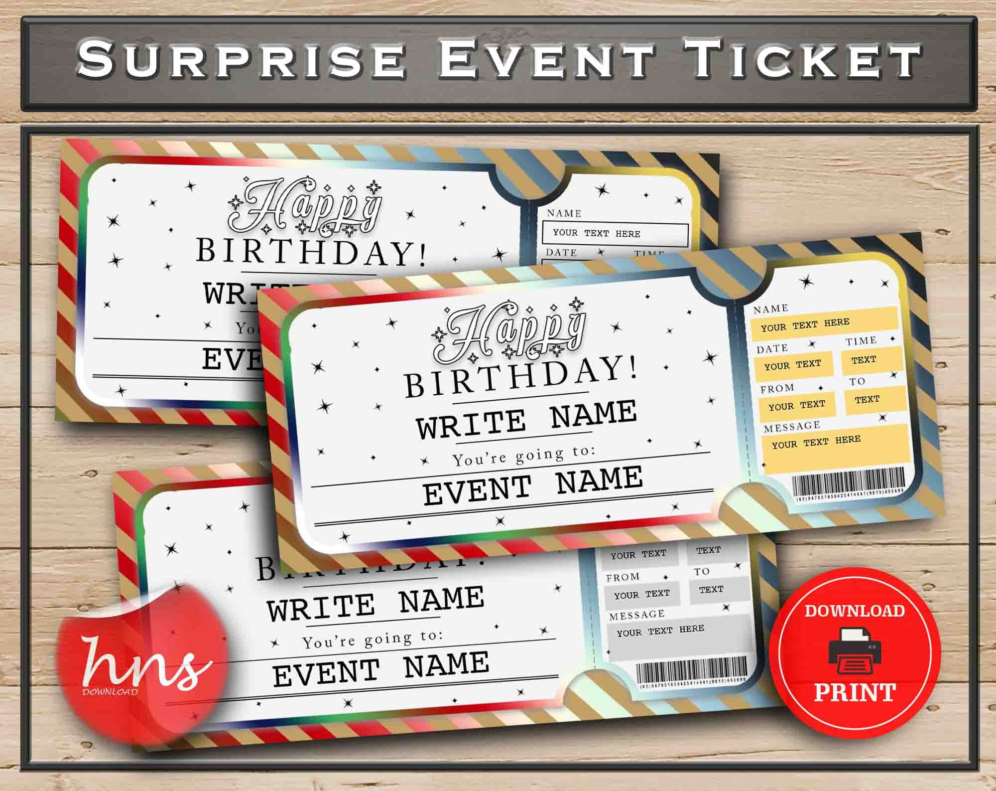 Printable Event Ticket Birthday Gift Template, Surprise Gift ...