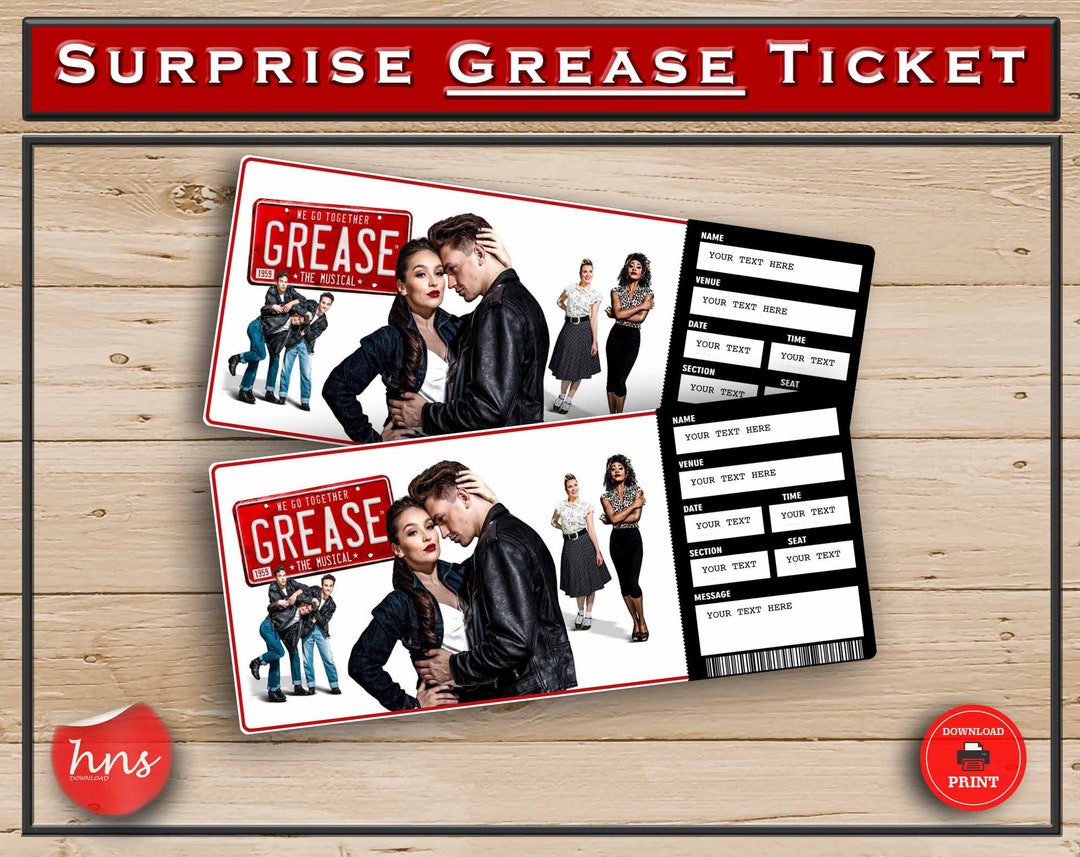 Grease Printable Broadway Surprise Ticket. Editable Musical Theatre ...