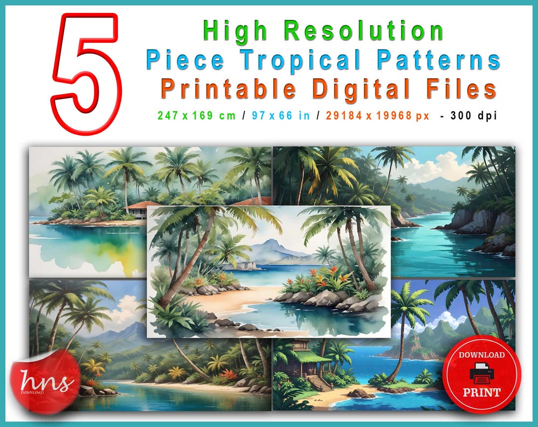 Printable Digital Tropical Pattern Files, 5 Piece WALLPAPER, CANVAS ...