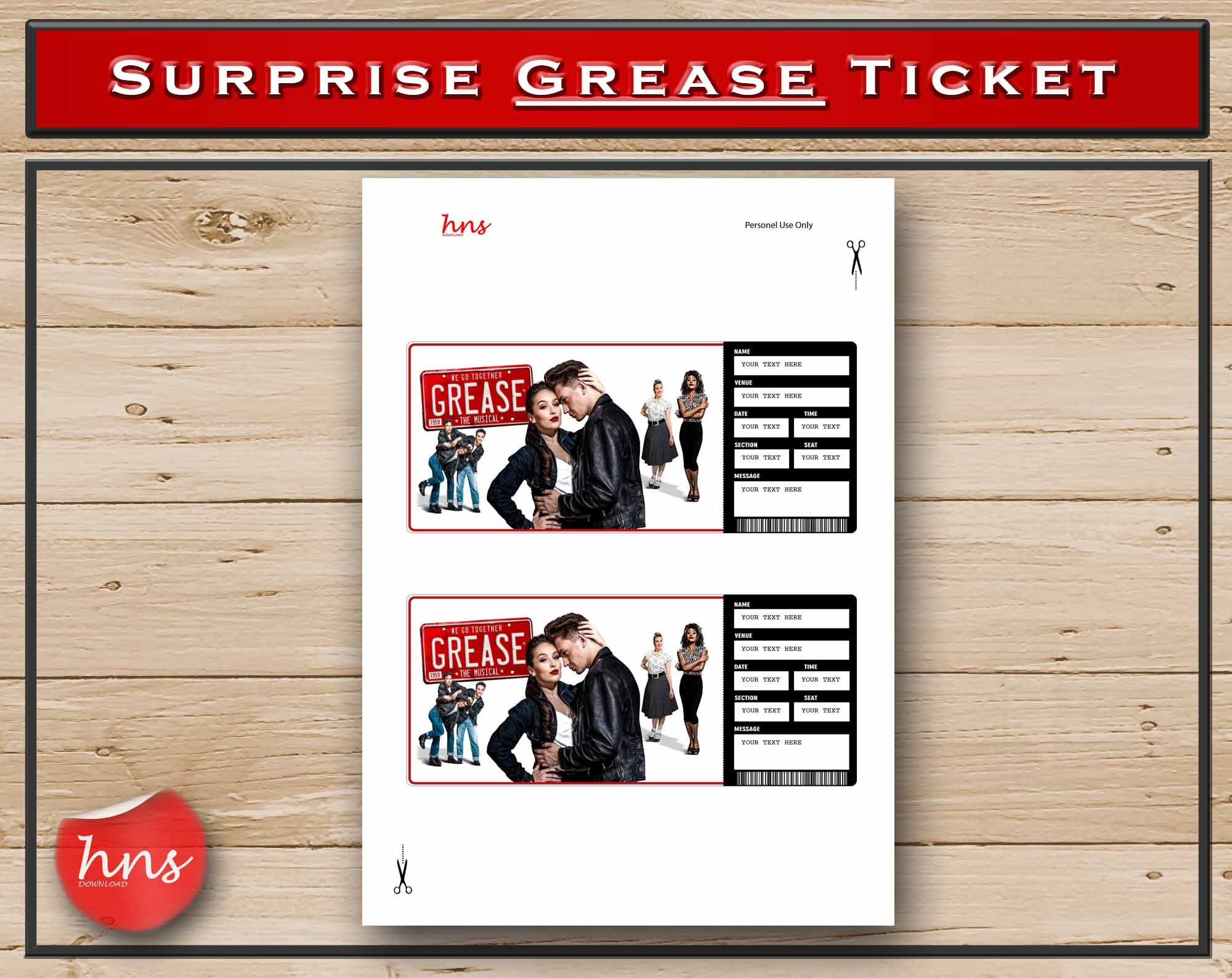 Grease Printable Broadway Surprise Ticket. Editable Musical Theatre ...