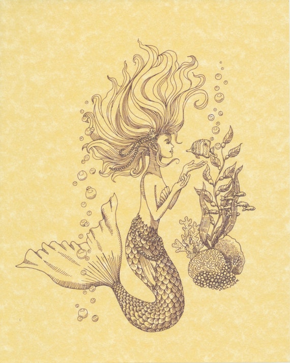 Mermaid Art Print on Parchment 8x10 - Etsy