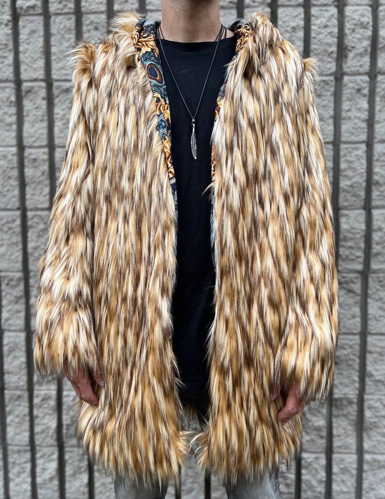 Trippy Story Coat Fox Fur Feathers Playa Faux Fake Animal Print Boho ...