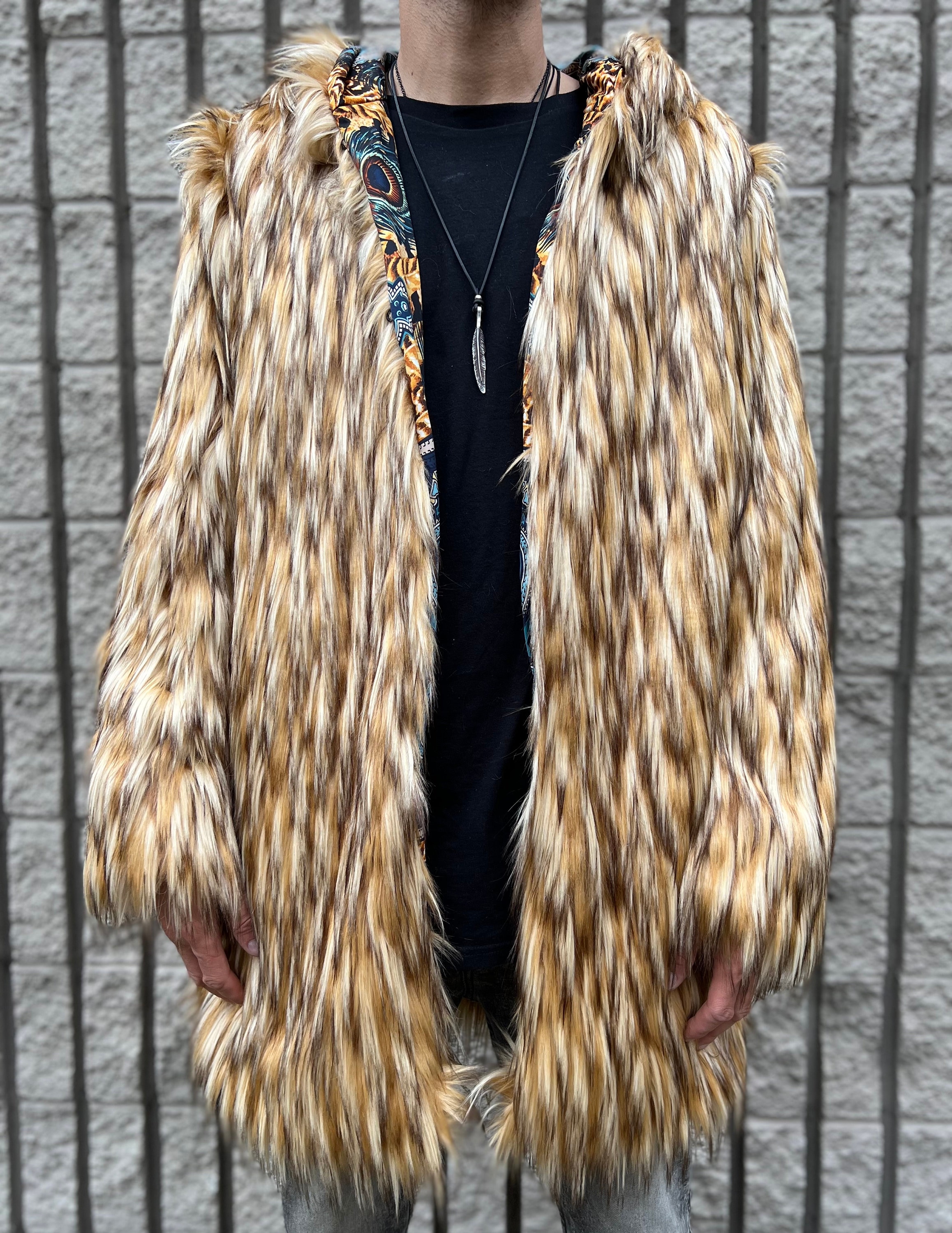 Trippy Story Coat Fox Fur Feathers Playa Faux Fake Animal Print Boho ...