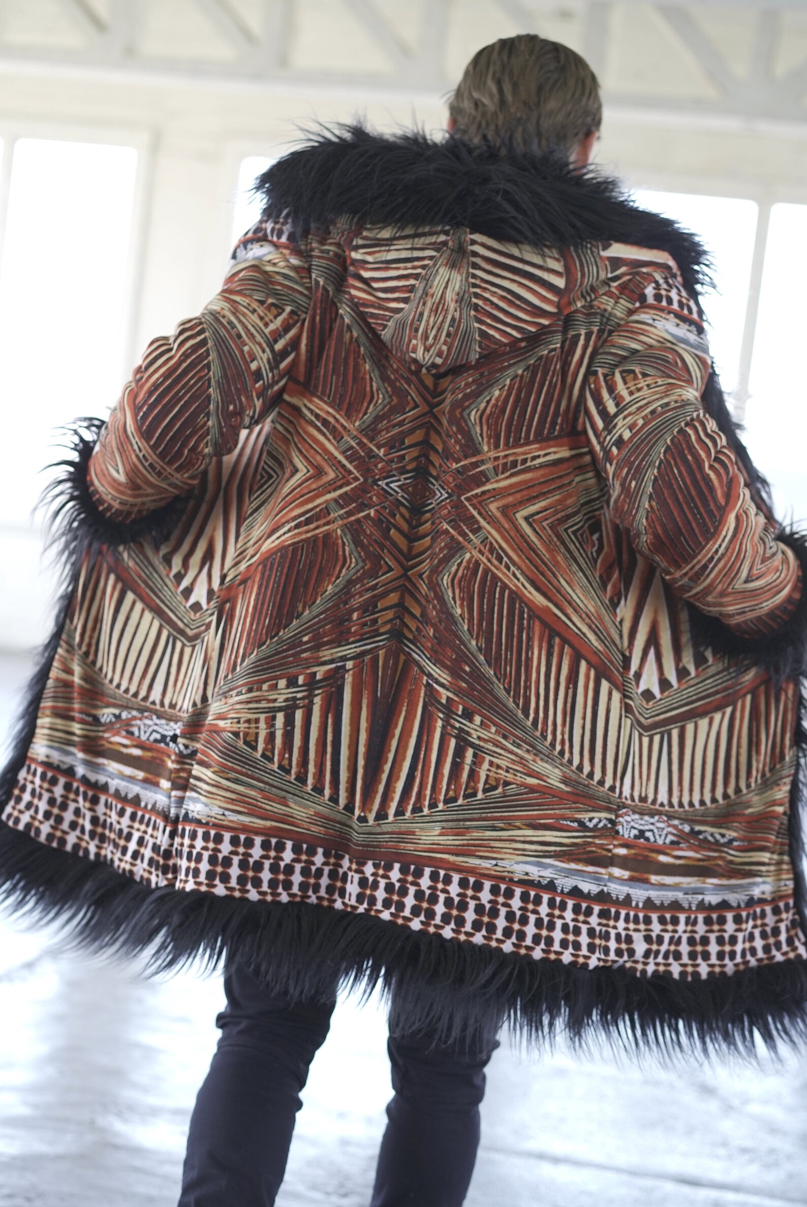 Geo Burning Man Red Unique Fox Festival Coat Trippy Faux Fur Bohemian ...