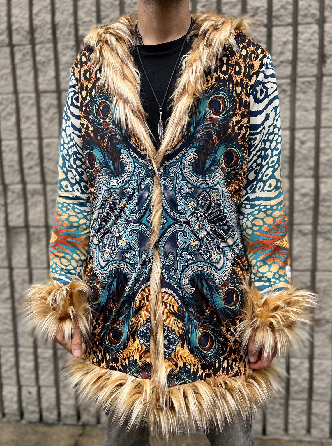 Trippy Story Coat Fox Fur Feathers Playa Faux Fake Animal Print Boho ...