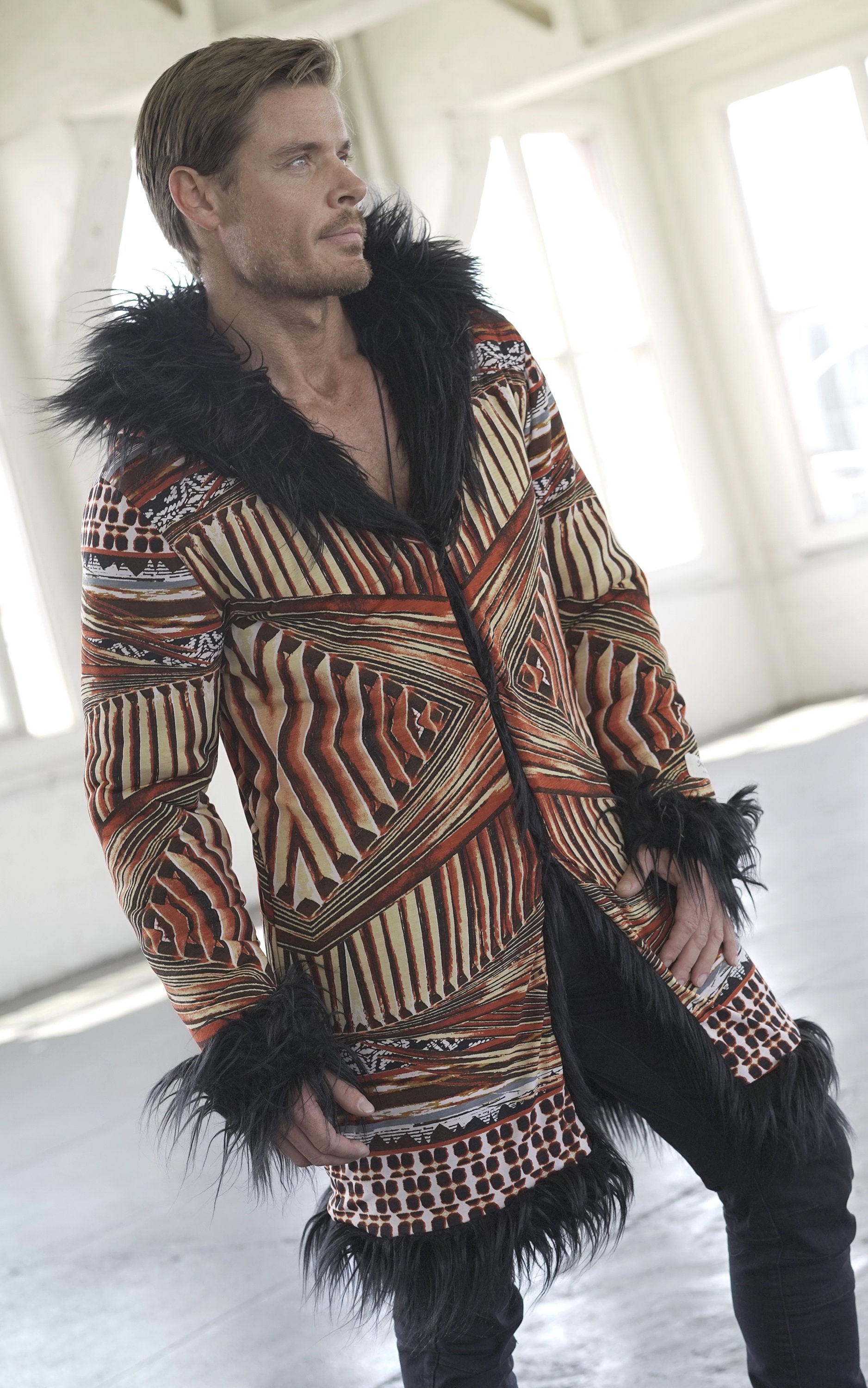 Geo Burning Man Red Unique Fox Festival Coat Trippy Faux Fur Bohemian ...