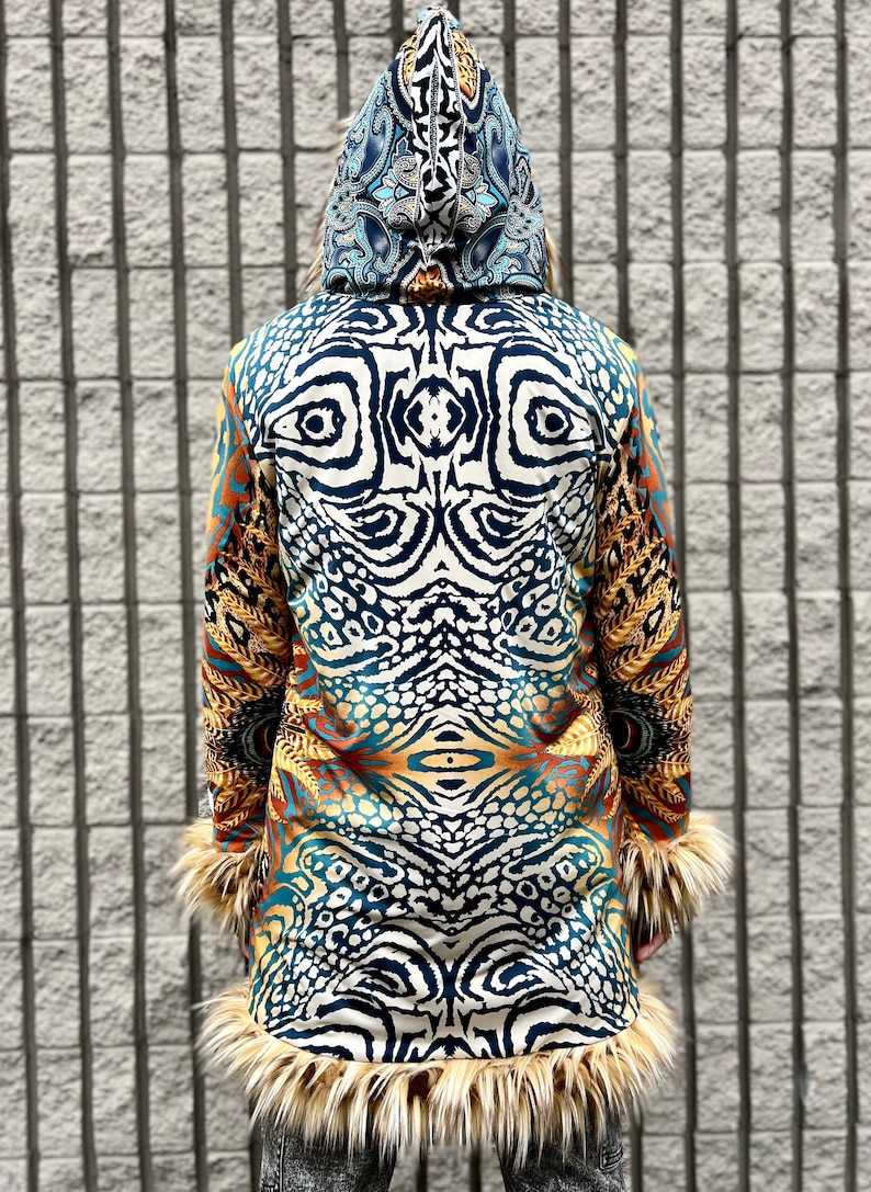 Trippy Story Coat Fox Fur Feathers Playa Faux Fake Animal Print Boho ...