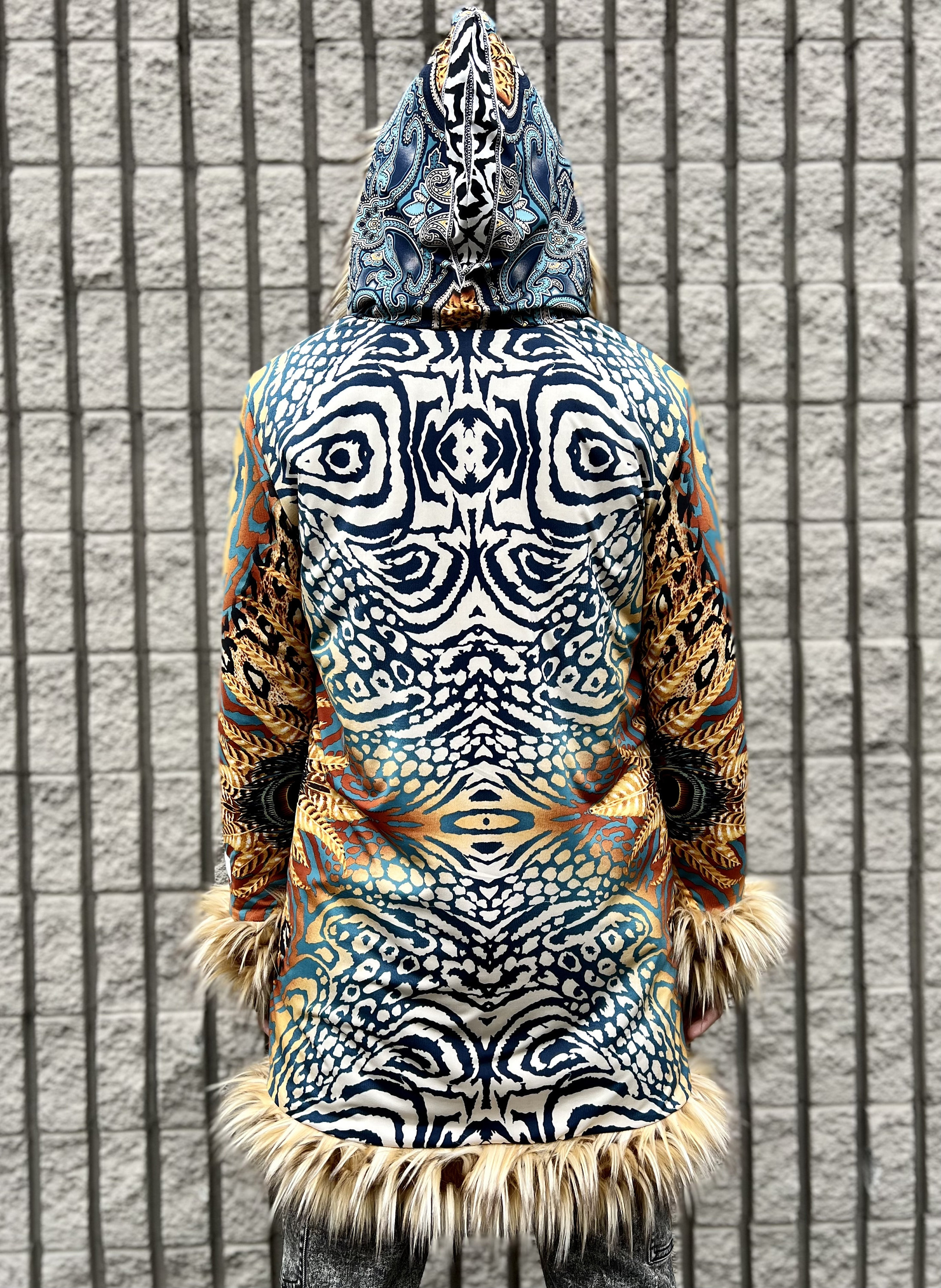 Trippy Story Coat Fox Fur Feathers Playa Faux Fake Animal Print Boho ...