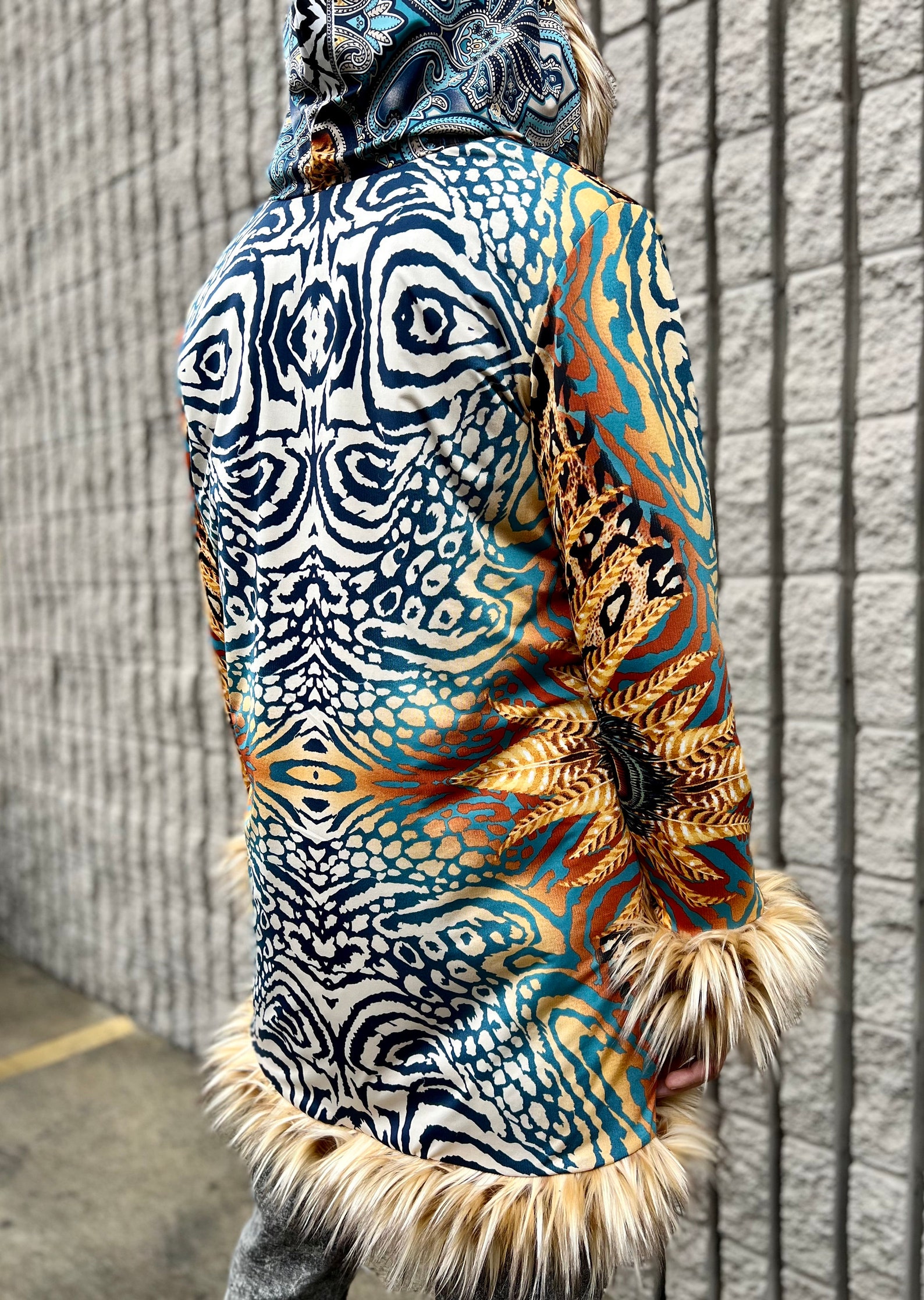 Trippy Story Coat Fox Fur Feathers Playa Faux Fake Animal Print Boho ...