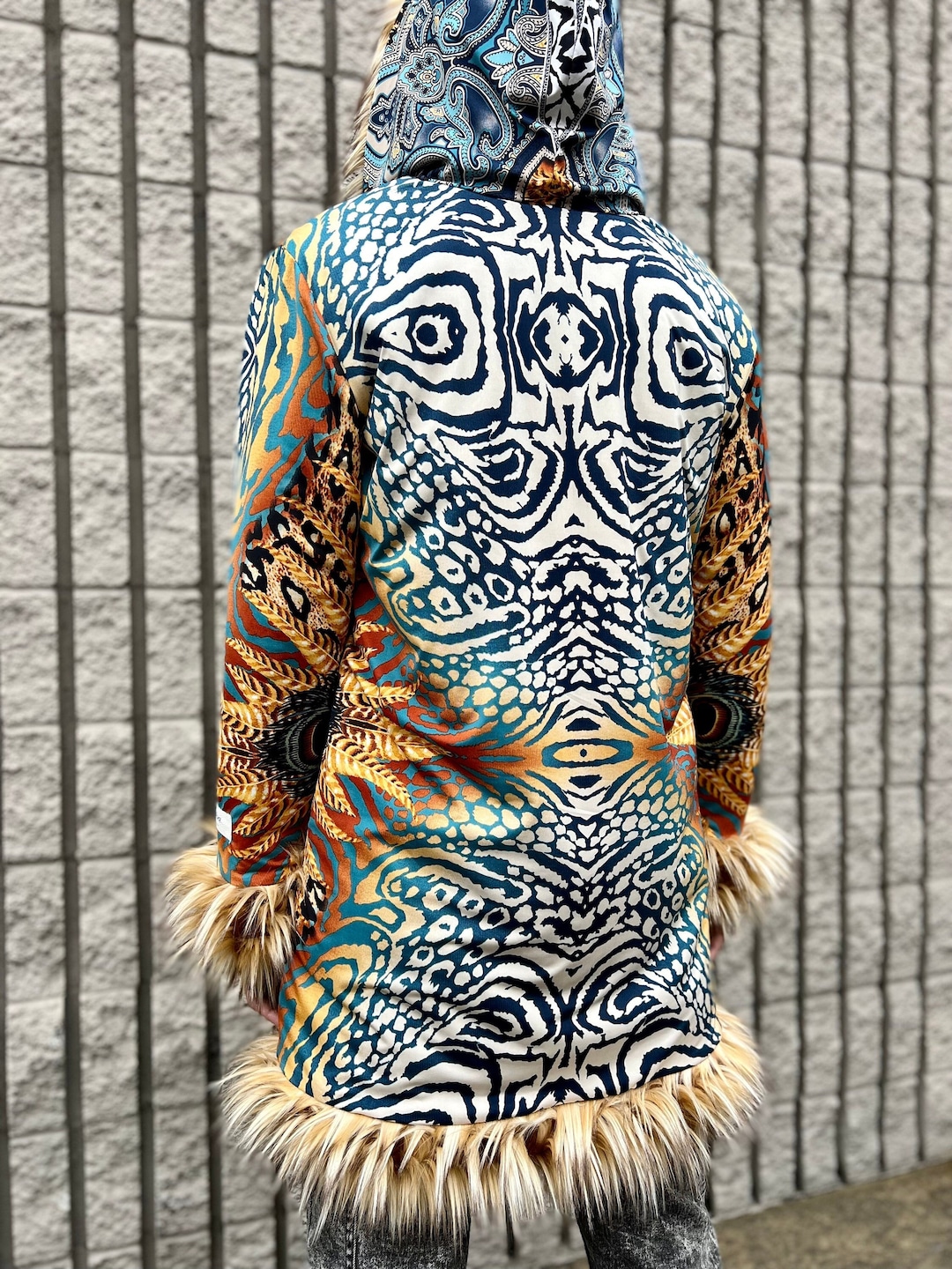 Trippy Story Coat Fox Fur Feathers Playa Faux Fake Animal Print Boho ...